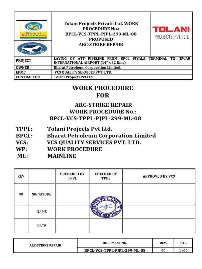 Ml-08 Work Procedure For Arc-Strike Repair | PDF | Welding | Construction