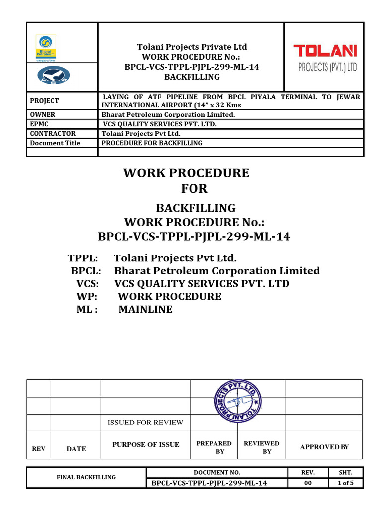 Ml-14 Work Procedure For Backfilling | PDF | Pipeline Transport | Pipe ...