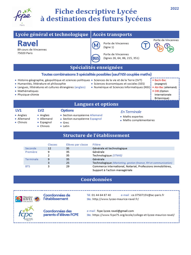 Fiche descriptive du Lycée Ravel | PDF | Enseignement des langues