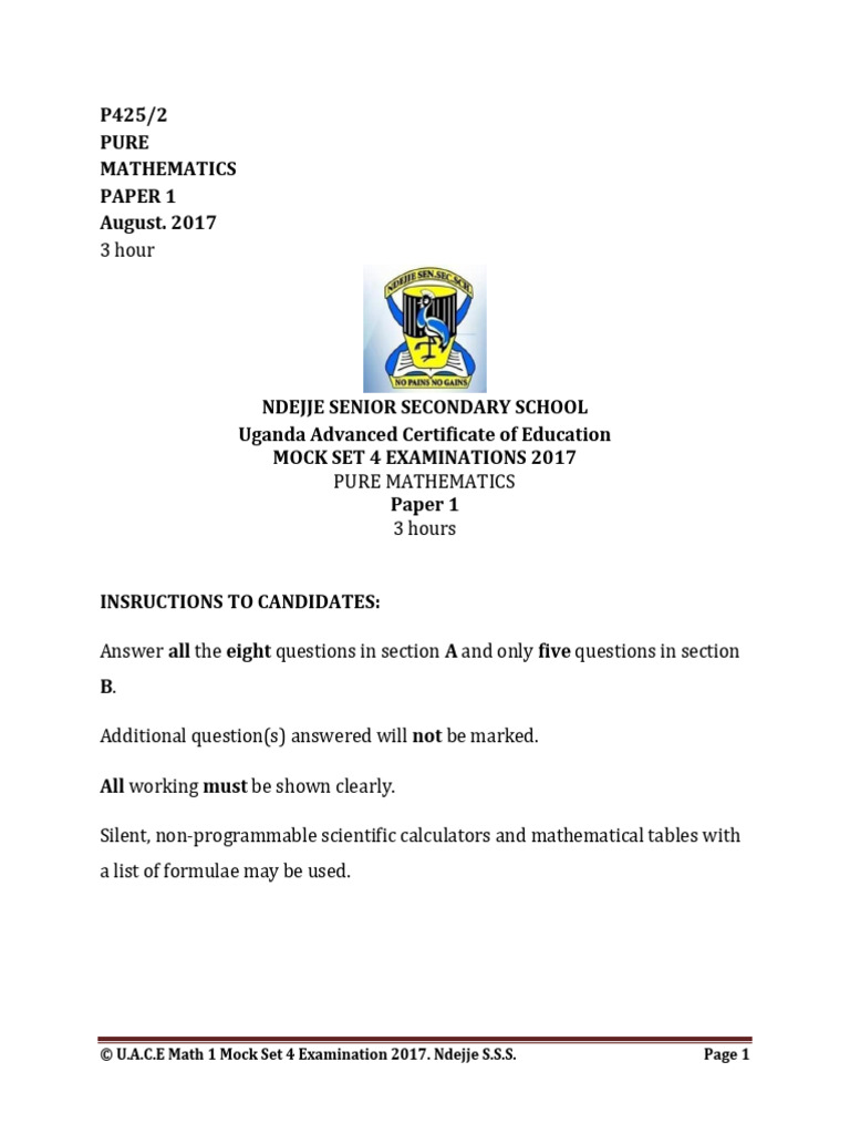 S6uacepure Mathematics Mock Ndejje SSS Question Paper and Marking Guide ...