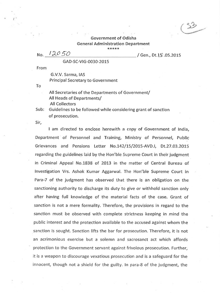 Guidelines To Be Followed While Considering Grant of Sanction of Prosecution | PDF
