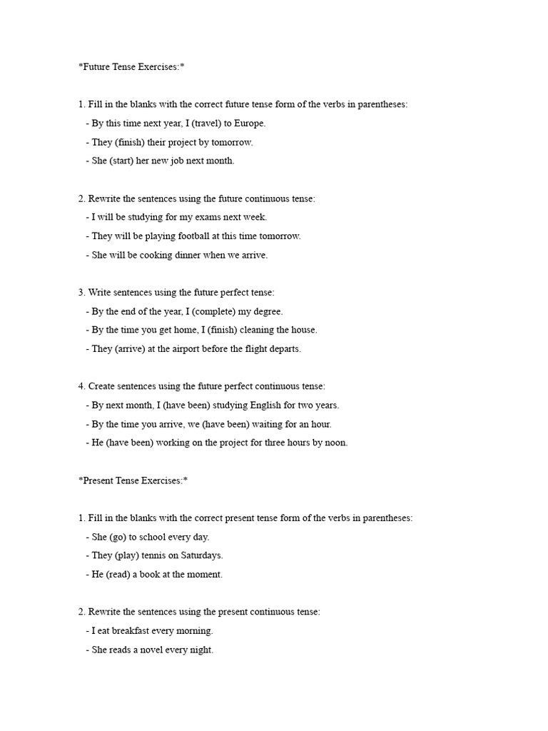 Future Tense Exercises and Examples | PDF | Grammatical Tense | Perfect ...