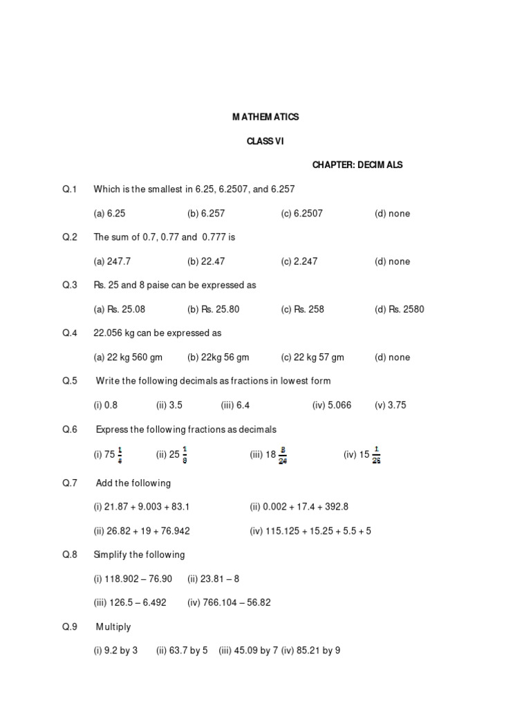 Class 6 Decimals Worksheet | PDF