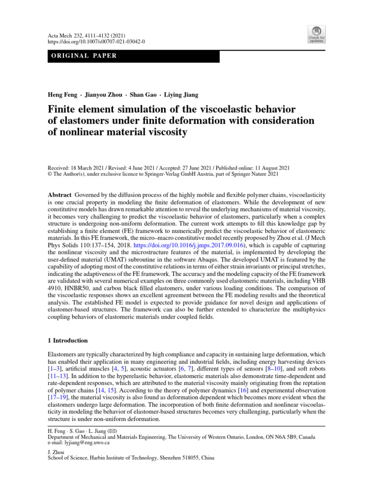 Finite Element Simulation of The Viscoelastic Behavior of Elastomers Under Finite Deformation ...