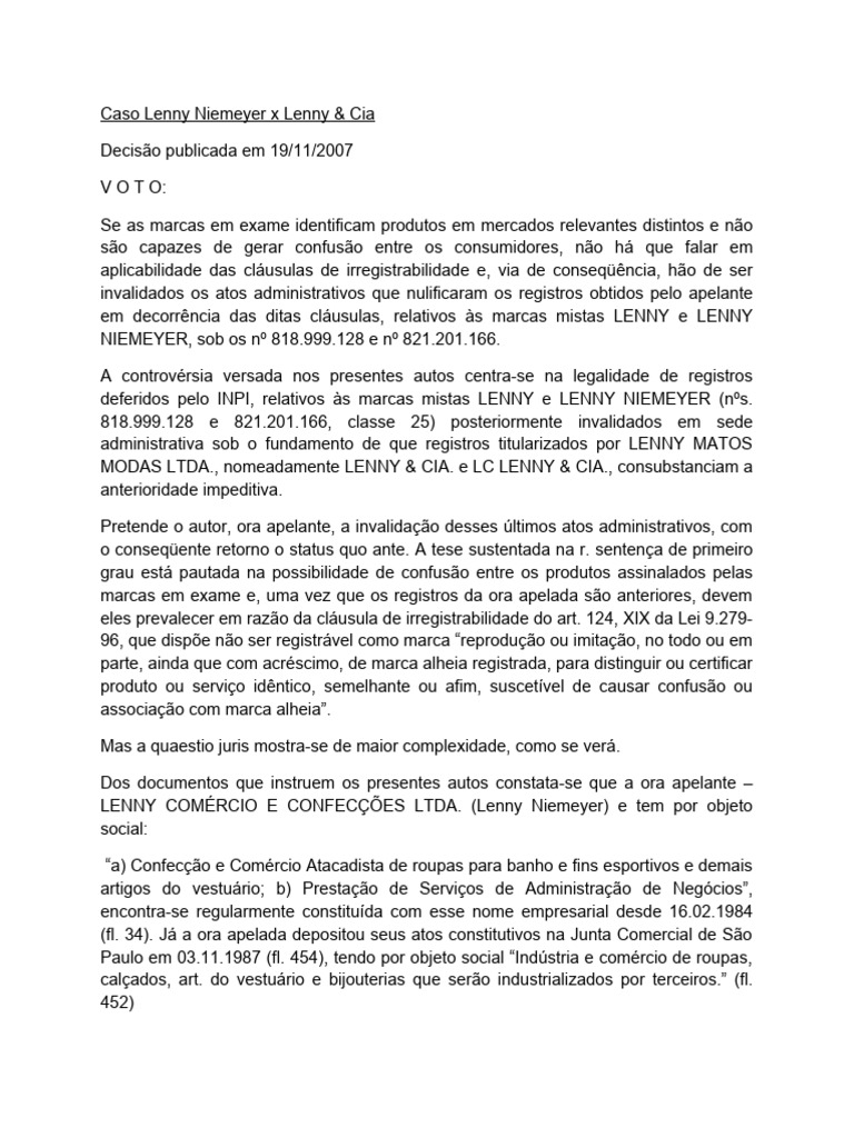 Caso Lenny Niemeyer X Lenny Resumido | PDF | Tratado | Marca
