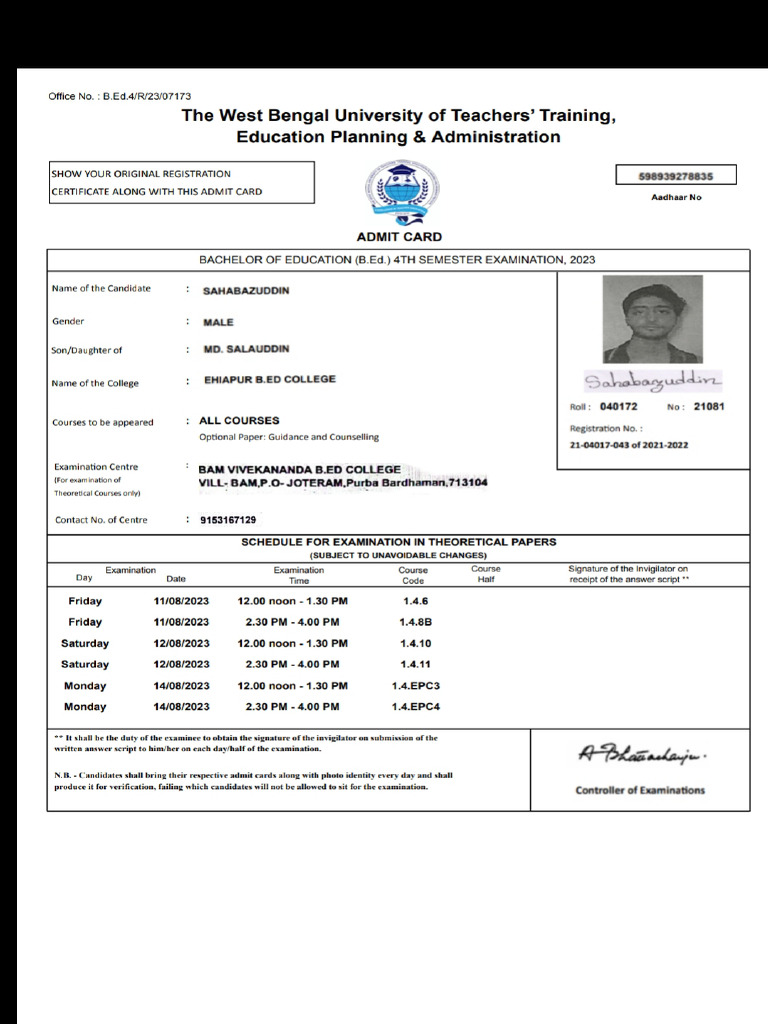 Bed 4TH Sem Admit | PDF