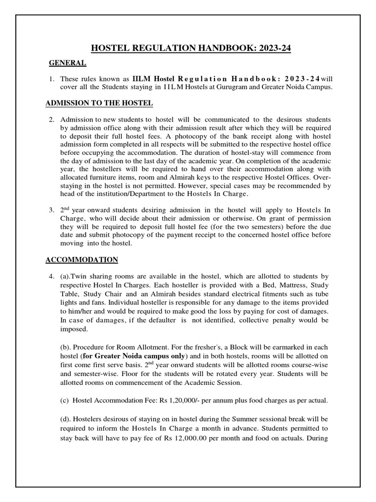 Hostel Regulation Handbook Academic Session 2023 24 | PDF | Cafeteria ...