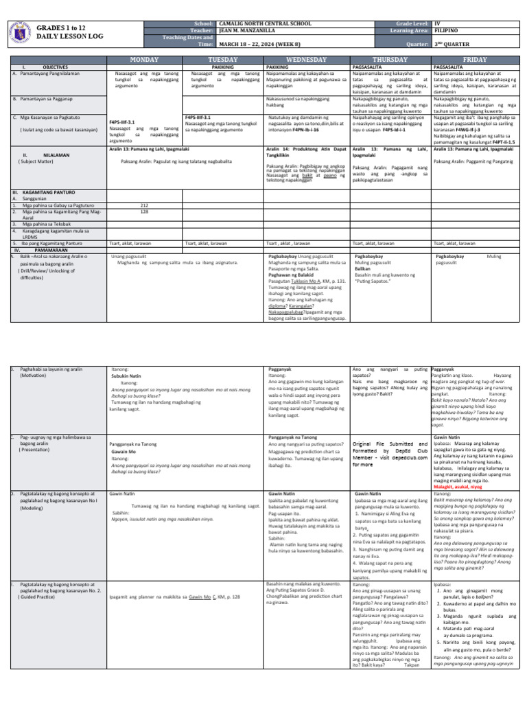 DLL - Filipino 4 - Q3 - W8 | PDF