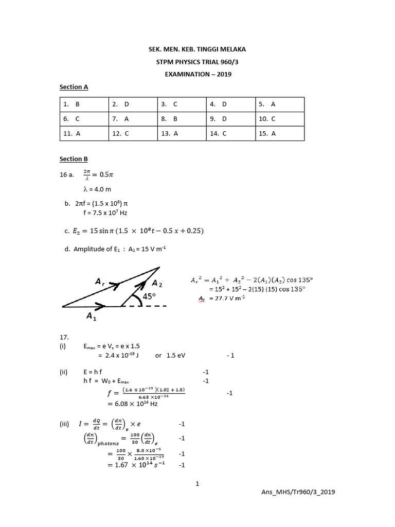 STPM Physics Trial Exam 2019 Answers | PDF | Polarization (Waves ...