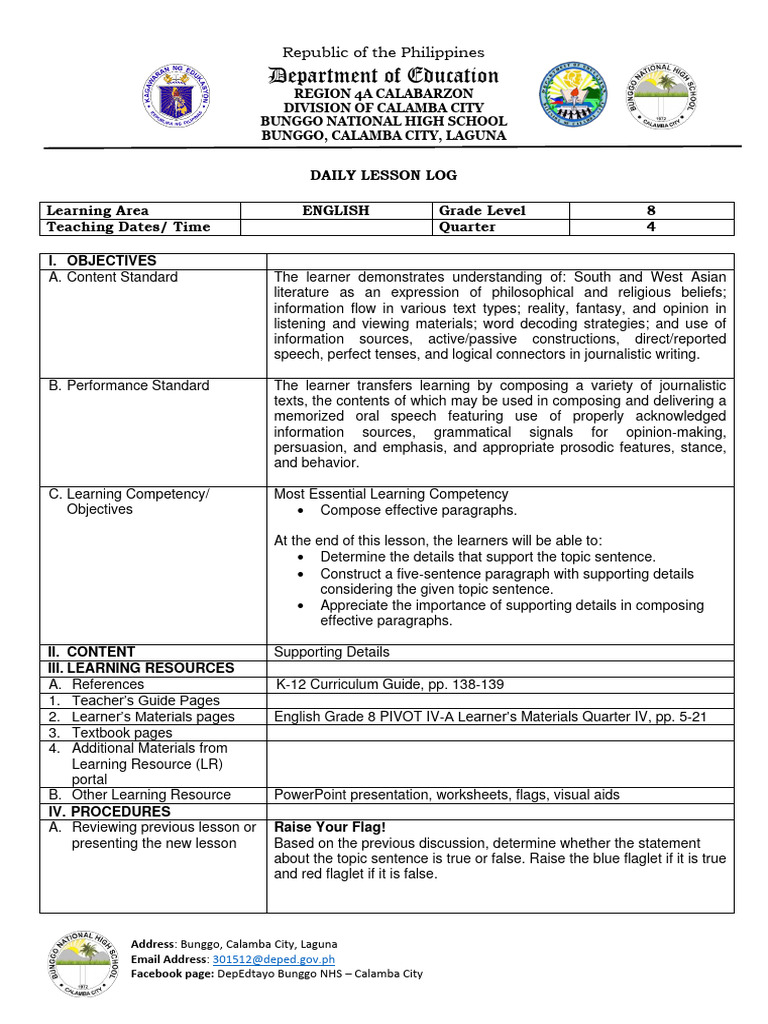 Daily Learning Plan On Supporting Details | PDF | Learning | Cognition