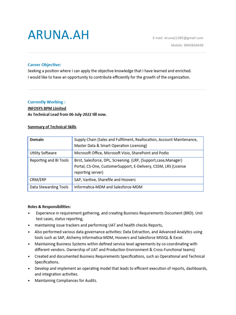 Aruna.ah CV 21-Sep-23 | PDF | Accounts Payable | Business
