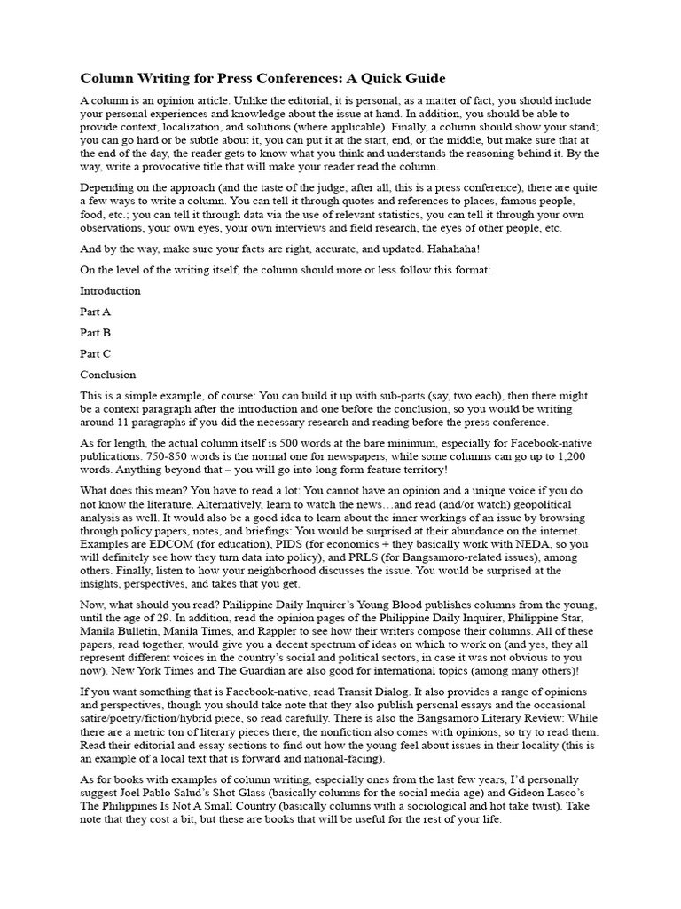Column Writing Guide for Press Conferences | PDF | Human Communication