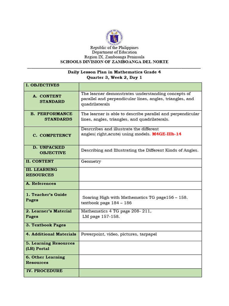 DLP Math 4 - q3 - w2 - d1 | PDF | Angle | Behavior Modification
