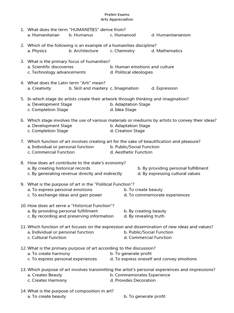 Prelim Exams Arts Appreciation | PDF Prelim Exams Arts Appreciation | PDF