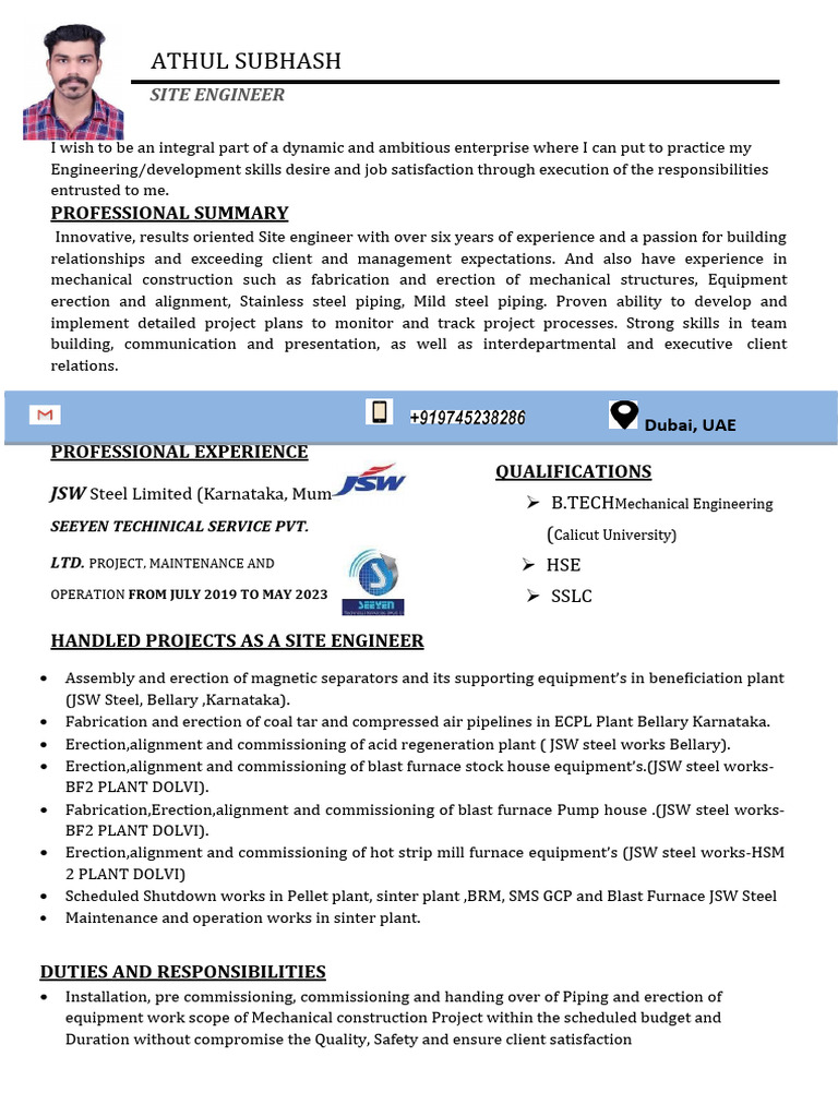 Athul SITE ENGINEER RESUME | PDF | Steel Mill | Steel