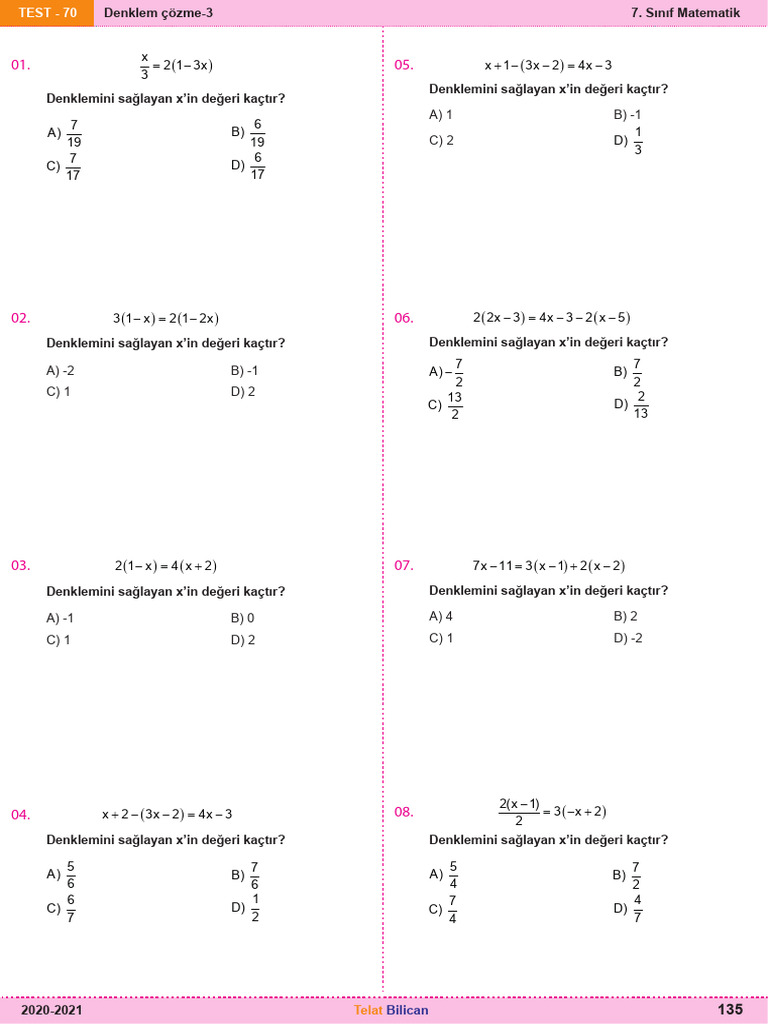 b3 Test 70 Denklem Cozme 3 | PDF