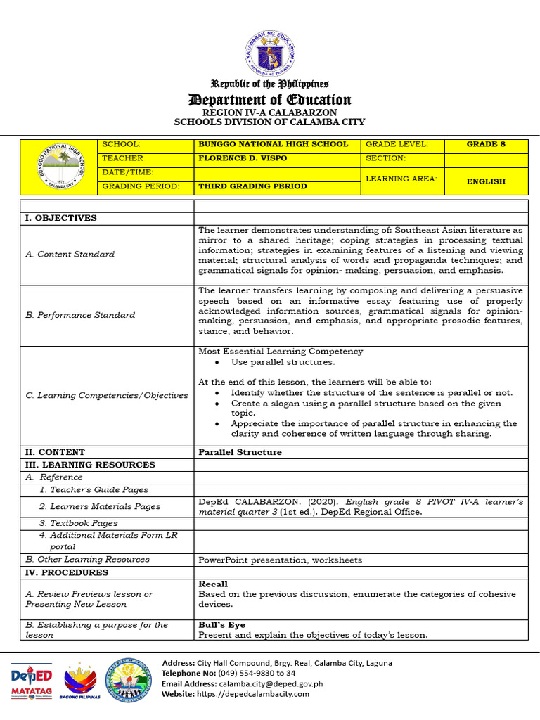 Daily Learning Plan On Parallel Structure | PDF | Learning | Communication