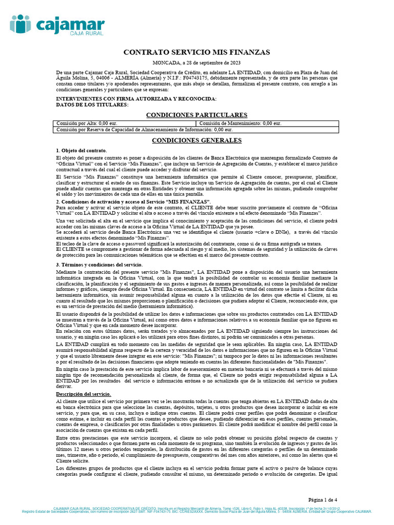 Contrato Servicio Mis Finanzas: Condiciones Particulares | PDF | Bancos | Pagos