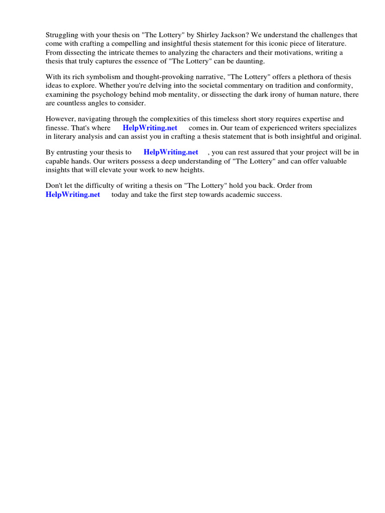 The Lottery by Shirley Jackson Thesis Ideas | PDF
