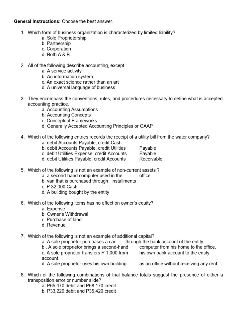 Business Organization and Accounting Quiz | PDF | Debits And Credits ...
