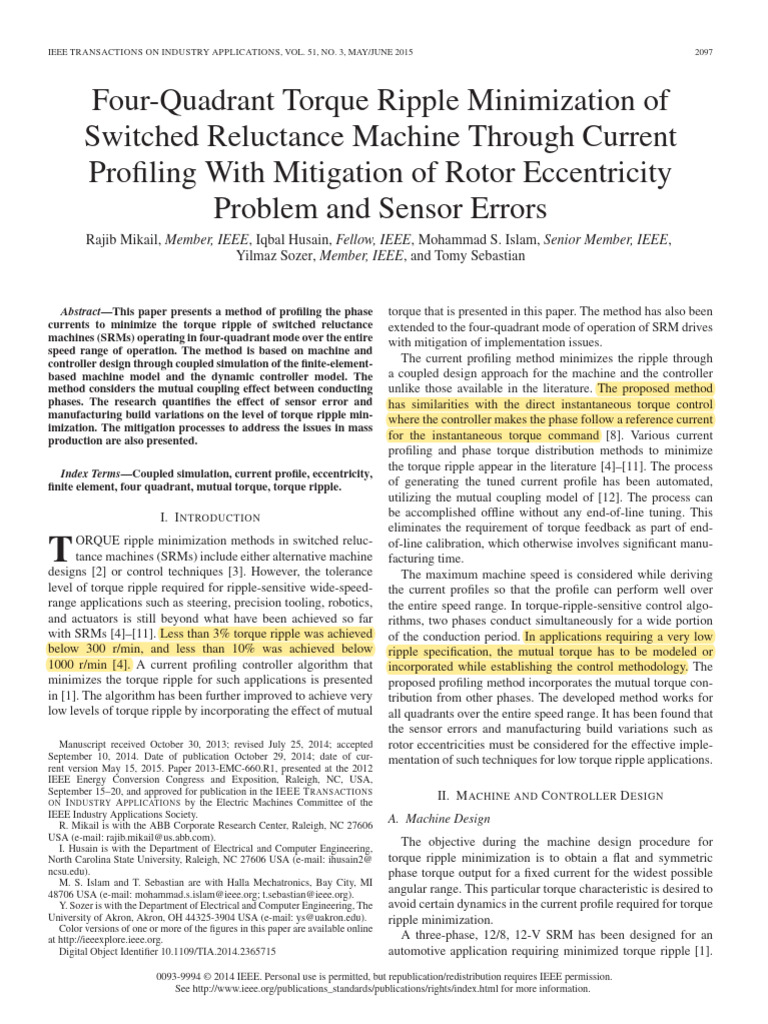 2015 Four Quadrant Torque Ripple Minimization Of Srm Through Current