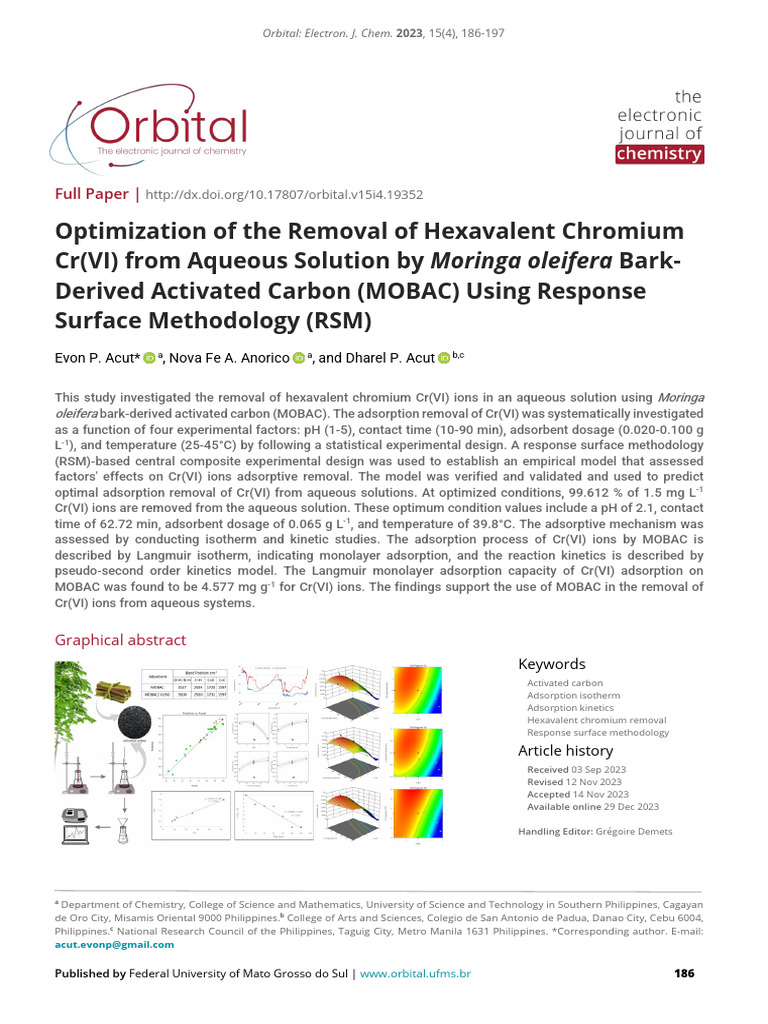 Cr(VI) Removal Using Moringa Bark Carbon | PDF | Adsorption | Chromium