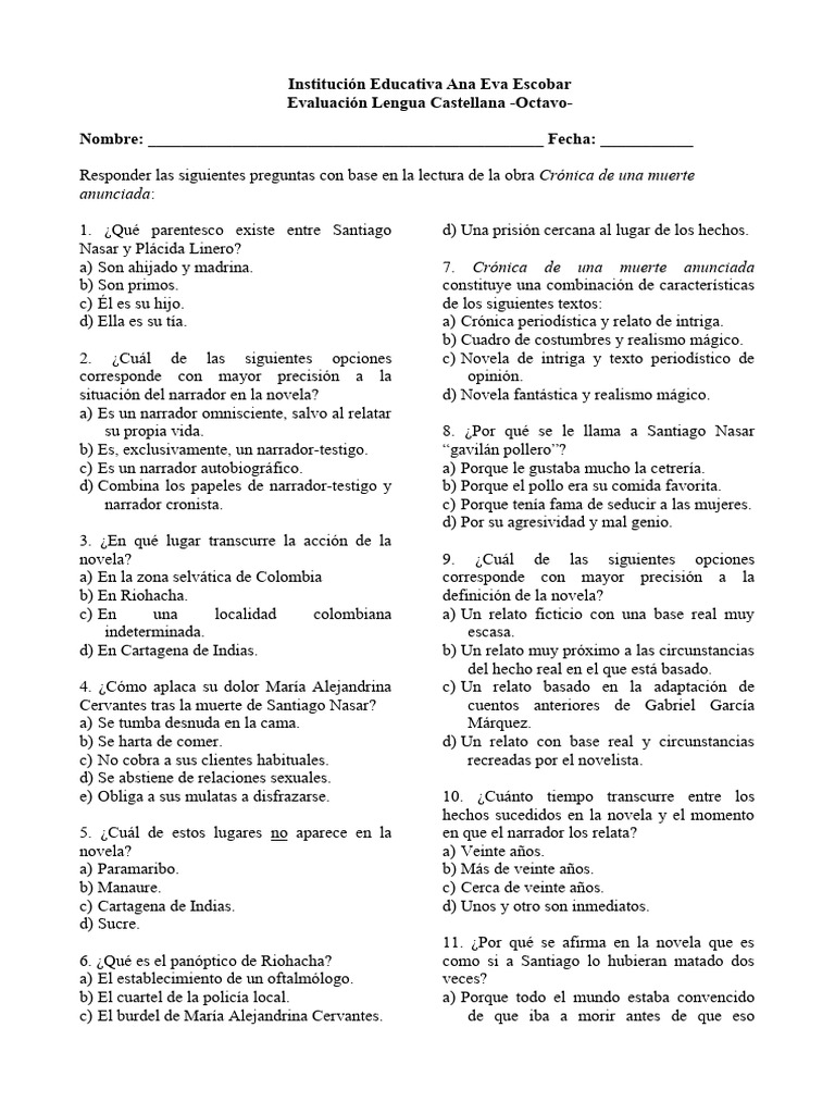 Evaluación. Crónica de Una Muerte Anunciada. 11° | PDF | Crímenes ...