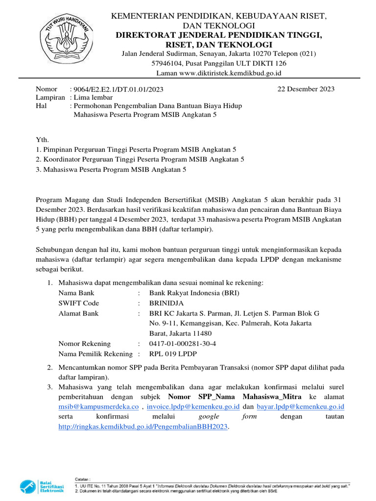 Surat Pengembalian Dana BBH Mahasiswa Program MSIB Angkatan 5 Tahun 2023 Signed | PDF