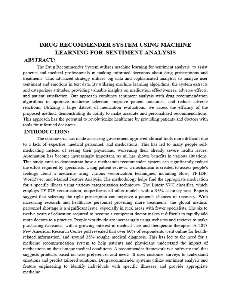 Drug Recommender System Using Machine Learning For Sentiment Analysis Pdf Machine Learning