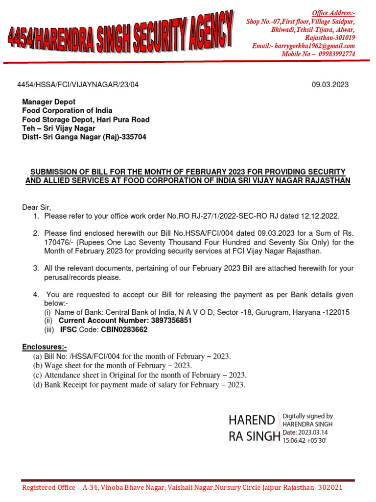 FCI Security Bill Submission - Feb 2023 | PDF | Debits And Credits | Cheque