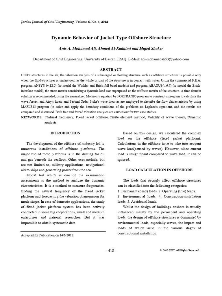 Dynamic Behavior Of Jacket Type Offshore Pdf Waves Force
