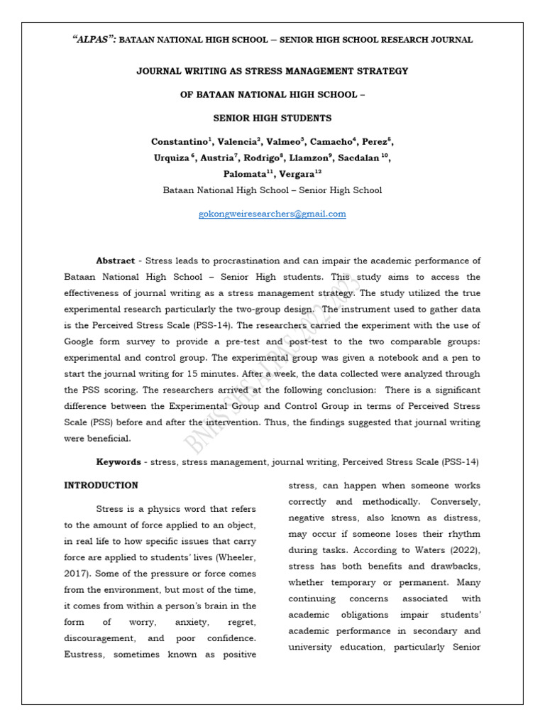 Journal Writing as Stress Relief in SHS | PDF | Experiment | Stress ...