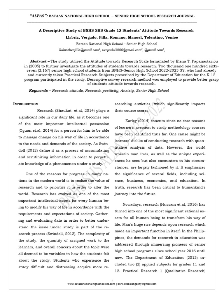 A Descriptive Study of BNHS-SHS Grade 12 Students’ Attitude Towards Research | PDF | Survey ...
