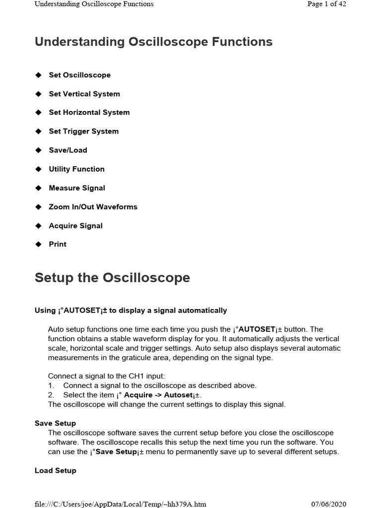Oscilloscope Setup and Functions Guide | PDF | Amplitude | Electrical ...