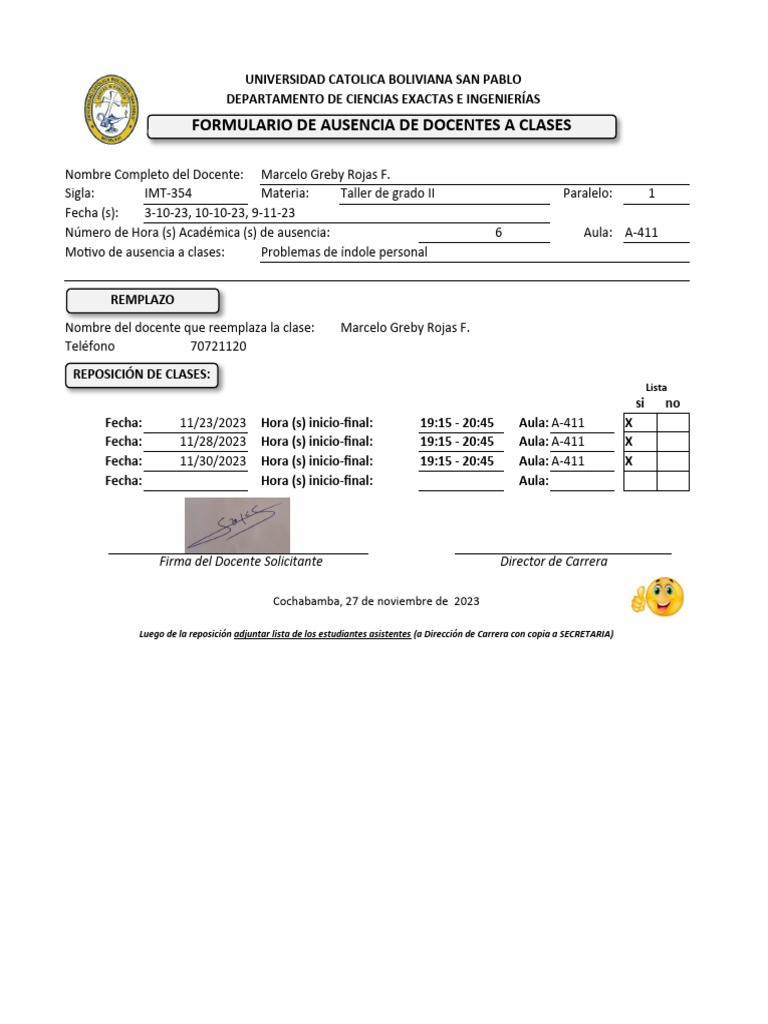 Formulario de Ausencia Docente IMT-354 | PDF