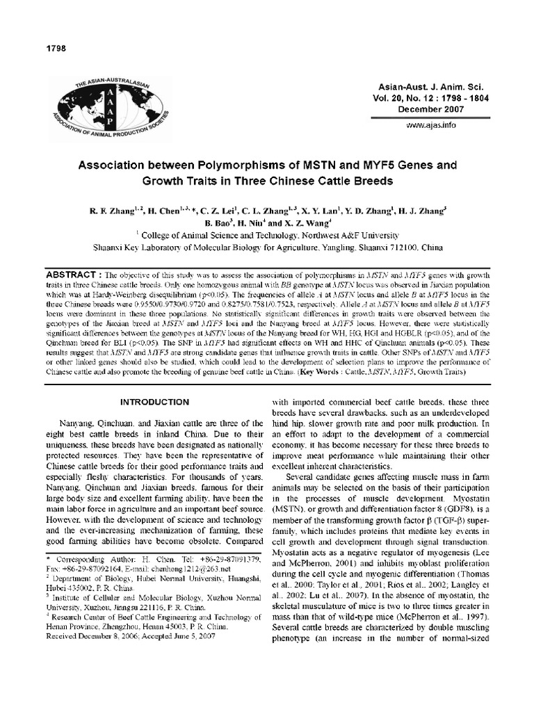 MSTN and MYF5 Gene Effects on Cattle Growth | PDF | Genotype | Biology