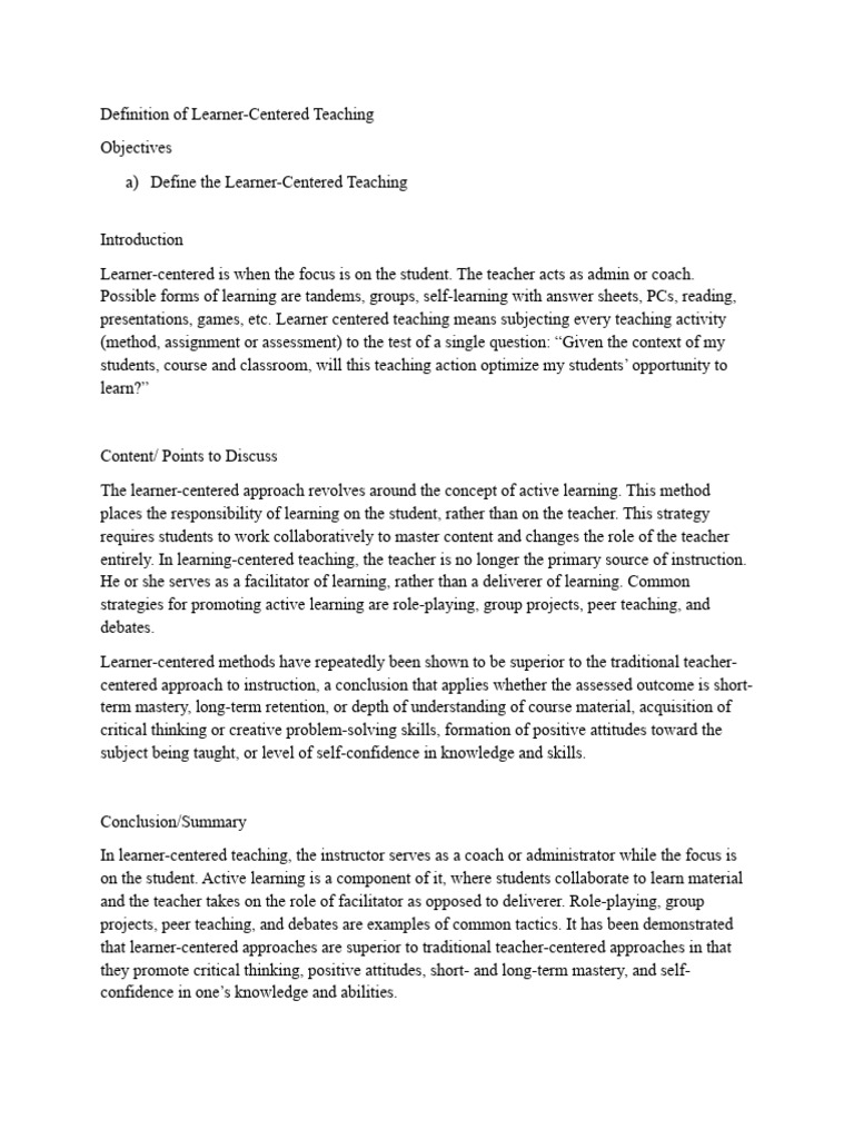 Definition Learner Centered Teaching | PDF | Learning | Cognitive ...