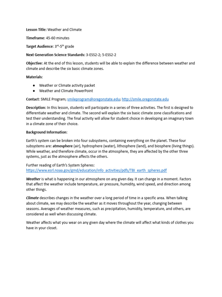 Weather Vs Climate Lesson Plan | PDF | Physical Geography | Earth Sciences