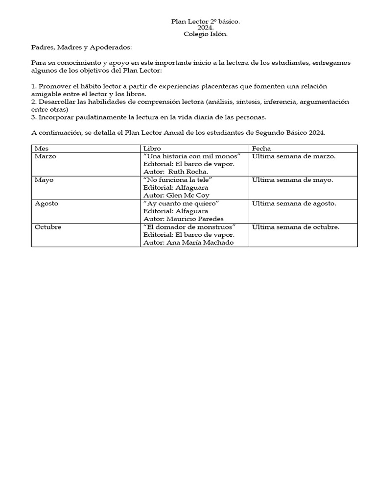 Plan Lector 2º Básico 2024 | PDF