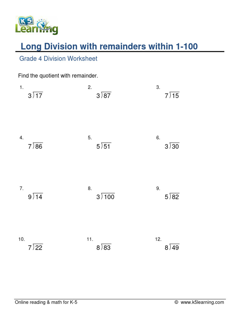 Grade 4 Long Division Worksheets | PDF