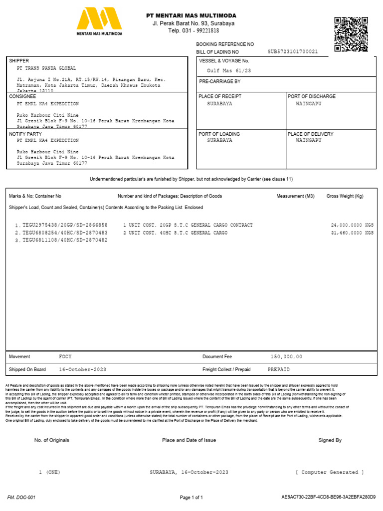 BL_SUB5723101700021 | PDF | Cargo | Bill Of Lading