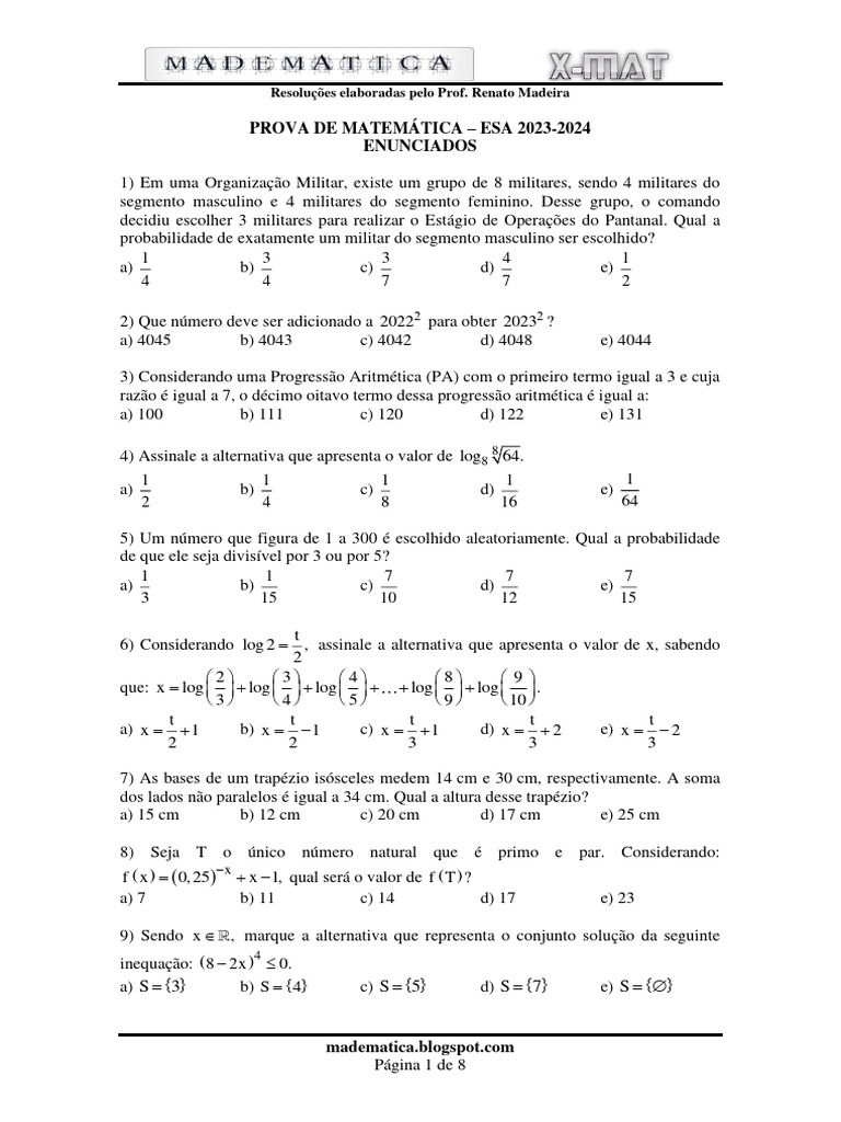 Prova de Matemática Esa 2023-2024 Resolvida | PDF | Funções ...
