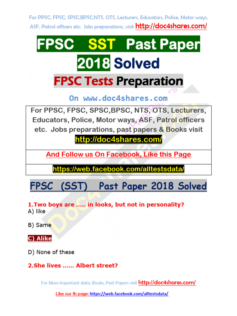 FPSC (SST) Solved Mcqs Past Paper 2018 | PDF | Intelligence | Psychology FPSC (SST) Solved Mcqs Past Paper 2018 | PDF | Intelligence | Psychology
