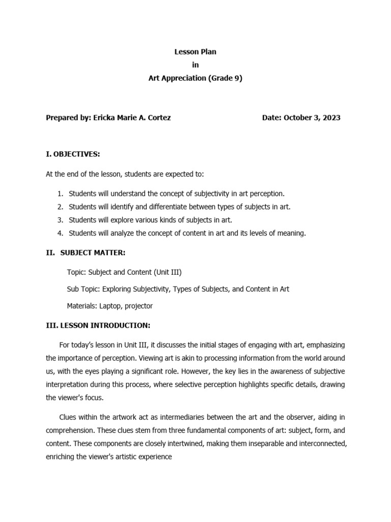 Lesson Plan in Art Appreciation | PDF | Experience | Perception