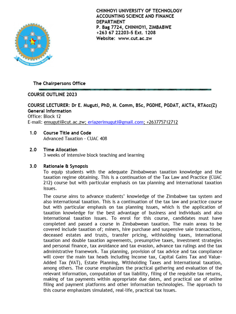 CUAC 408 Advanced Taxation Course Outline 2023 | PDF | Taxes | Capital Gains Tax
