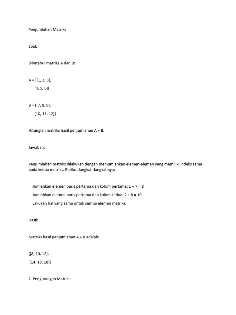 Penjumlahan Matriks | PDF | Metode & Bahan Ajar