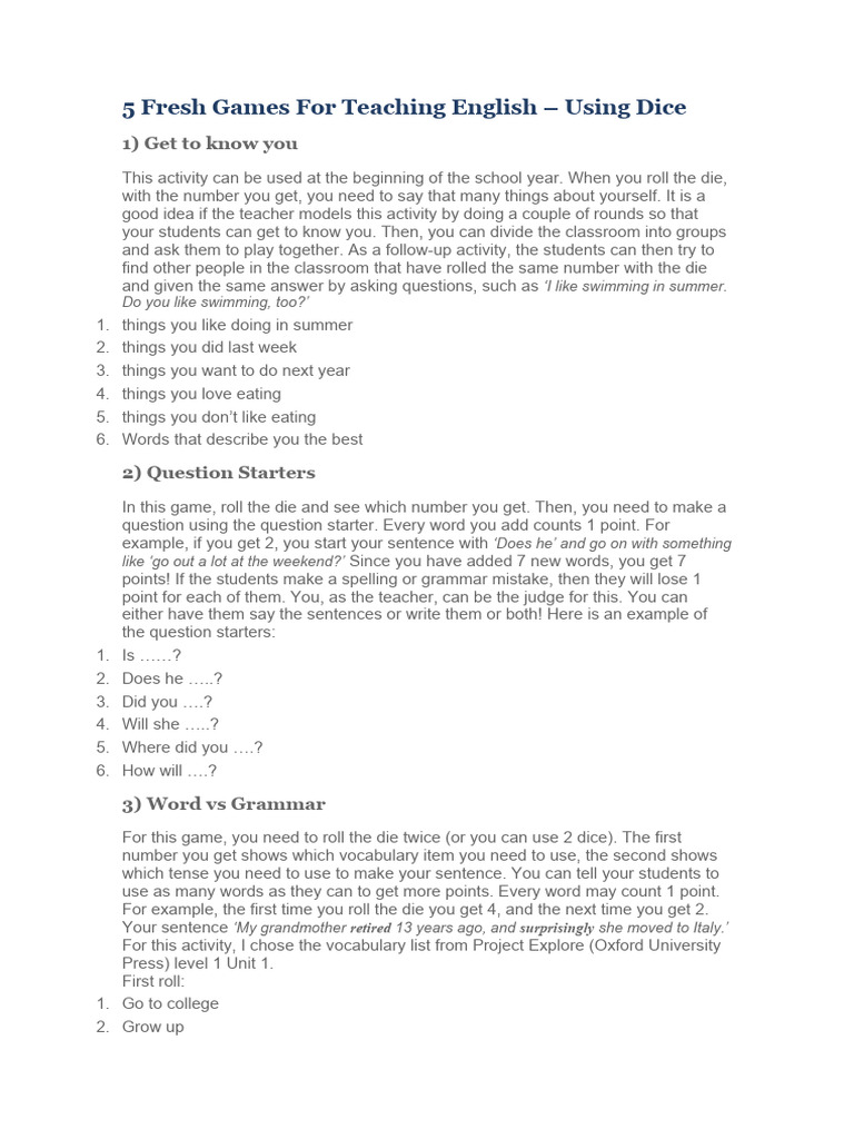 5 Fresh Games For Teaching English | PDF