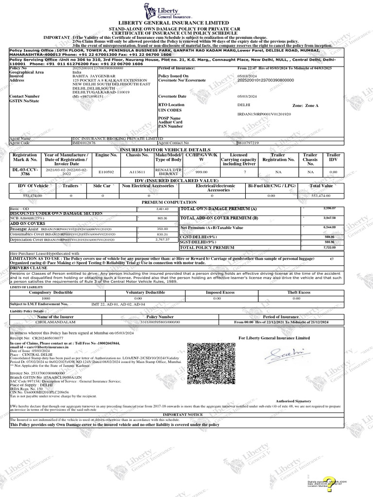 Liberty General Insurance Limited: Insured Motor Vehicle Details | PDF ...