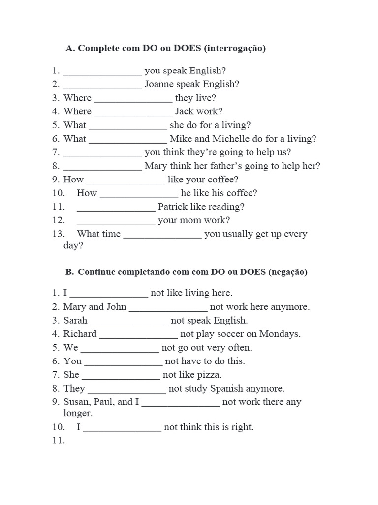 Complete com DO ou DOES | PDF