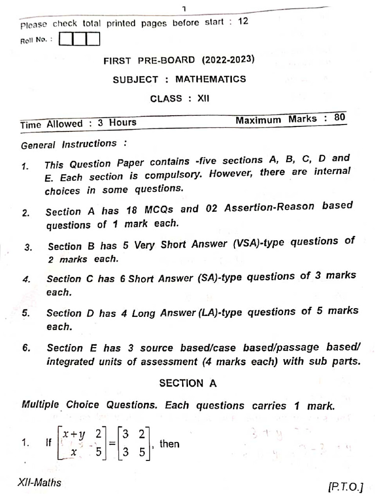 XII Maths Practice KV SCH PB | PDF